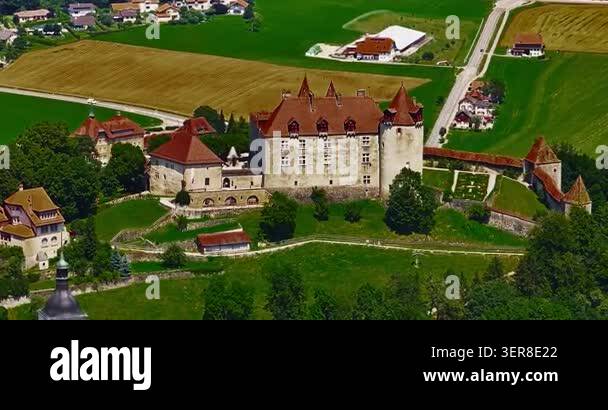 Aerial view of beautiful Gruyeres Castle in Switzerland Stock Video ...