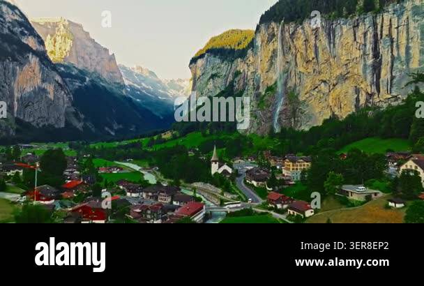Aerial view of Lauterbrunnen valley in Switzerland. Swiss alpine ...