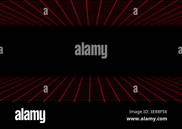 Red lines glow against a dark void. Grids stretch upward, vanishing ...