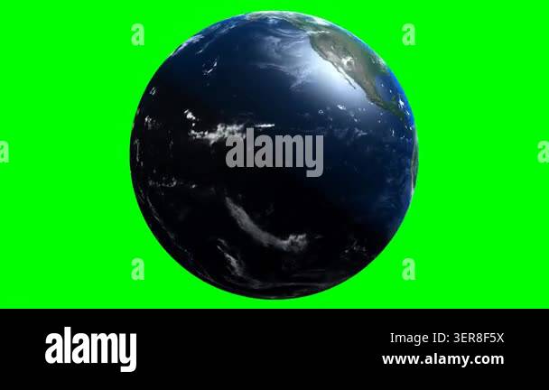 Blue planet rotates against vibrant green screen background. Clouds ...