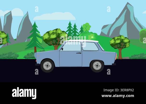 Vintage car driving on a scenic mountain road with lush greenery Stock ...