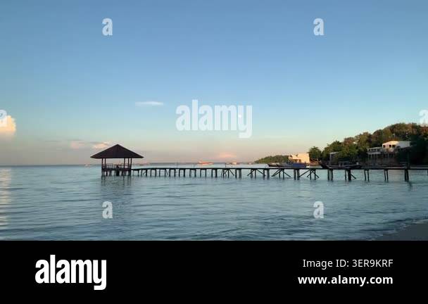 4K panoramic view of Tanjung Lesung Beach, Banten, Indonesia featuring ...