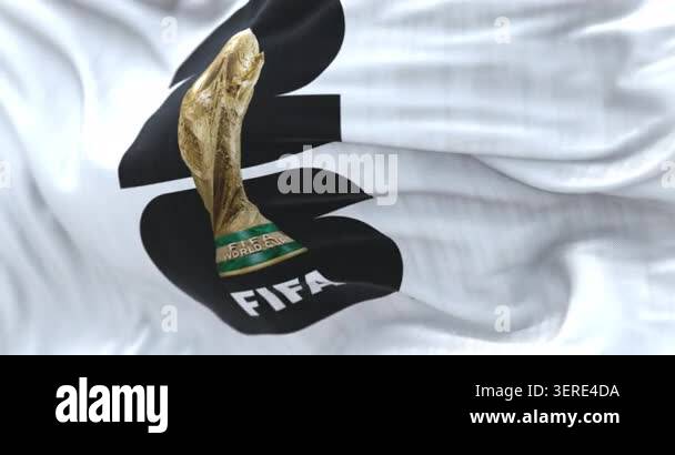 Official FIFA World Cup 2026 logo on a waving white flag. The ...
