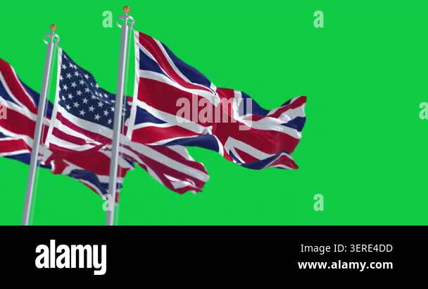 National flags of the Unites States and United Kingdom waving in the ...