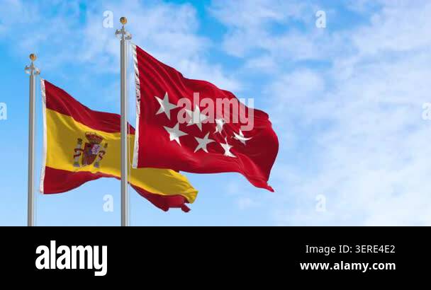 Detail Community of Madrid flag waving with national spanish flag ...
