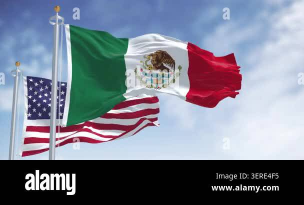 Mexico and US national flags waving on a clear day. Seamless 3d render ...