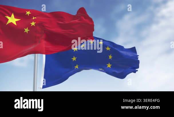 Flags of China and European Union waving in the wind on a clear day ...