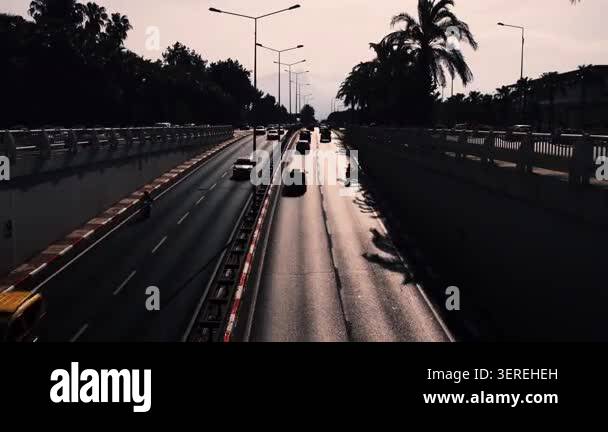 Palm lined expressway at sunset, glossy asphalt reflecting sunlight ...