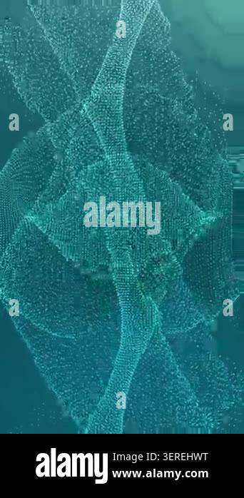Abstract digital pattern flows with glowing turquoise dots. Curved ...