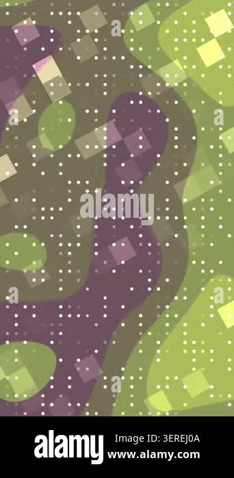 Abstract pattern of green and purple shapes. White dots and glowing ...