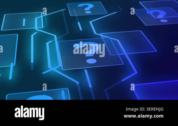 Luminous question mark symbols floating on a futuristic digital surface ...