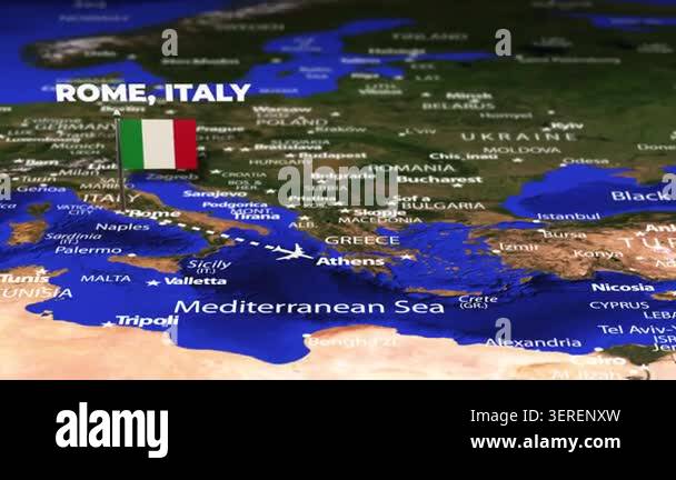 Flight From Rome ITALY to Sydney AUSTRALIA with flag pins Stock Video ...