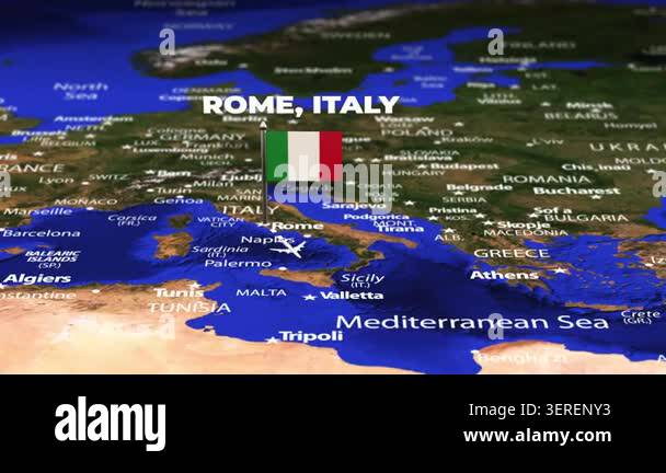 Flight From Rome ITALY to Dodoma TANZANIA with flag pins Stock Video ...