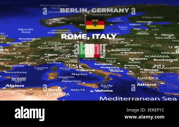 Flight From Rome ITALY to Berlin GERMANY with flag pins Stock Video ...
