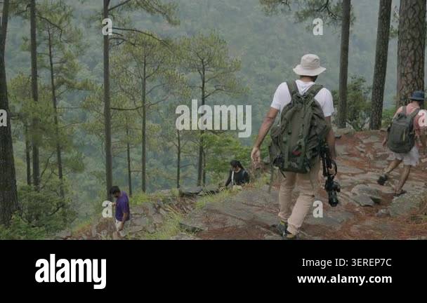 Two hikers with backpacks navigate a foggy forest trail surrounded by ...