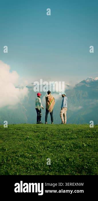 Group of adventurers exploring scenic mountain trails in Uttarakhand ...