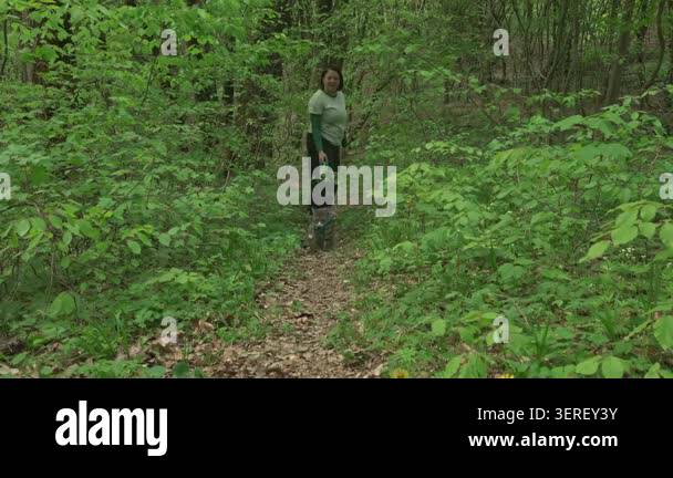 Middle-aged woman walking her cat - common breed - in harness and on ...