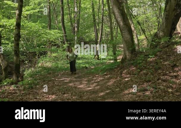 Middle-aged woman walking her cat - common breed - in harness and on ...