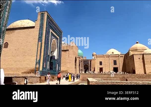 SAMARKAND, UZBEKISTAN - MAY 6, 2022: A 4K panning shot of the Shah-i ...