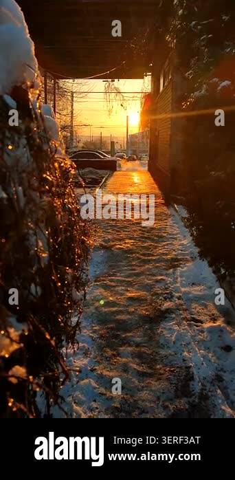 View of evening city in winter. Cityscape at sunset in winter ...