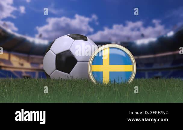 A football "soccer" ball rotating behind a badge displaying the Swedish ...