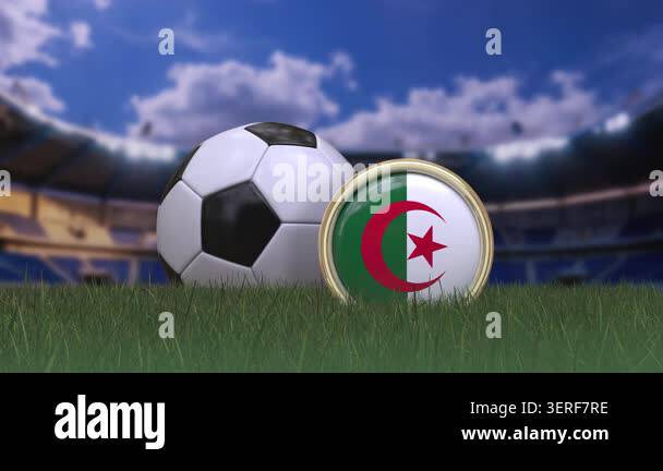 A football "soccer" ball rotating behind a badge displaying the ...
