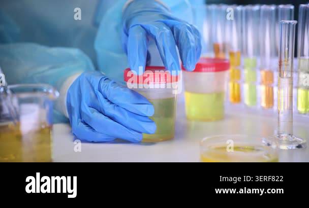 Lab assistant hands in gloves open container with patient urine sample ...