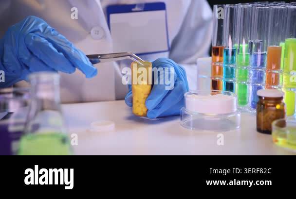 Doctor hands put pills into plastic bottle with tongs at desk in lab ...
