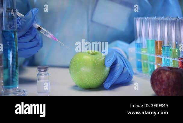 Laboratory worker uses syringe to inject medicine into green apple ...