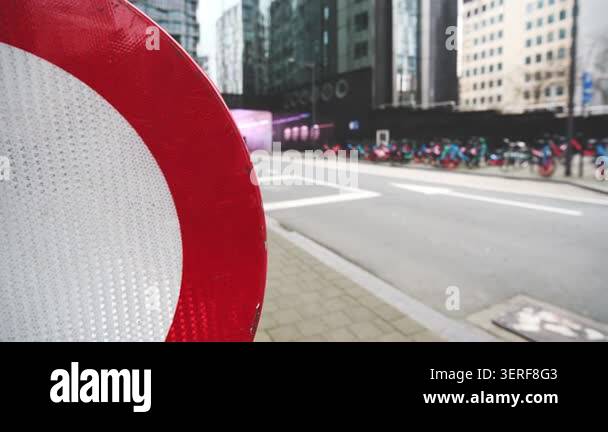 No Entry Road Sign Prohibits Traffic On The City Street With A Road And ...