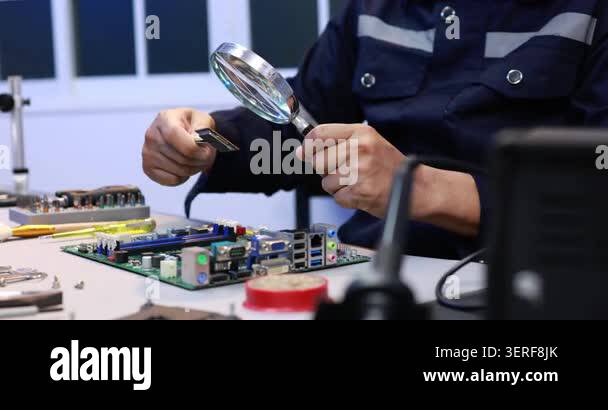 Technician inspecting a computer motherboard with a magnifying glass on ...