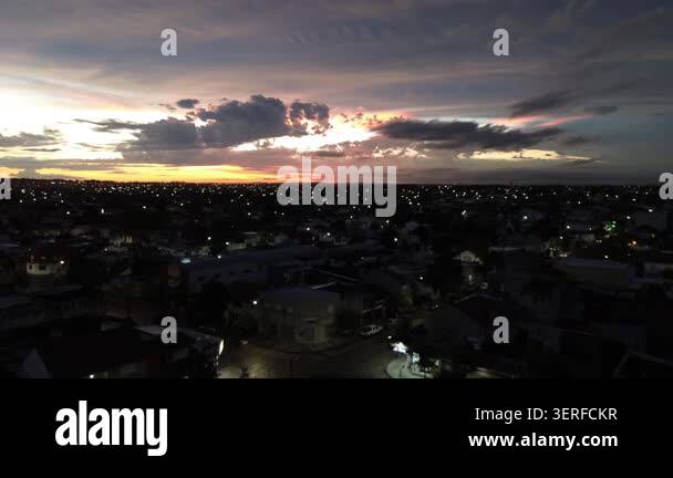 night thunderstorm over landscape aerial drone view, dramatic night ...