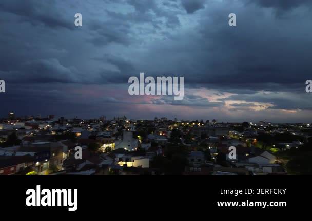 night thunderstorm over landscape aerial drone view, dramatic night ...