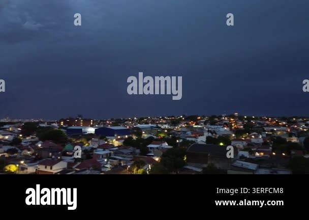 night thunderstorm over landscape aerial drone view, dramatic night ...