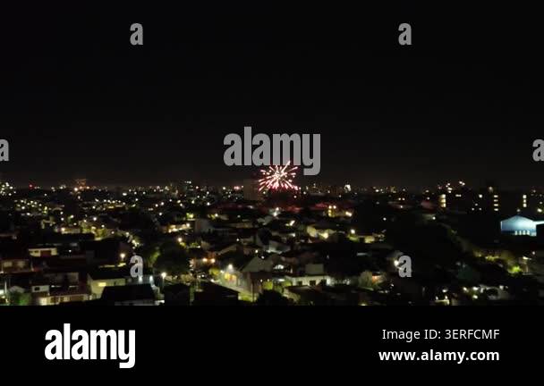 fireworks over mar del plata at night aerial drone view, colorful ...