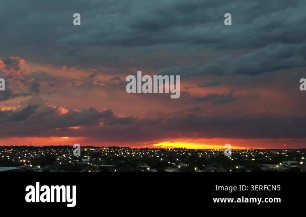 night thunderstorm over landscape aerial drone view, dramatic night ...