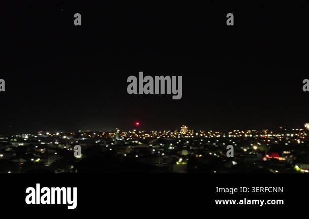 fireworks over mar del plata at night aerial drone view, colorful ...