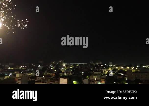 fireworks over mar del plata at night aerial drone view, colorful ...