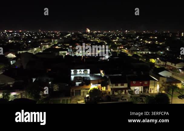 fireworks over mar del plata at night aerial drone view, colorful ...