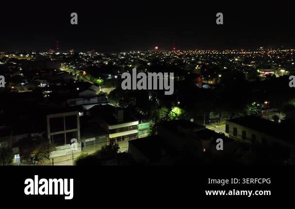 fireworks over mar del plata at night aerial drone view, colorful ...