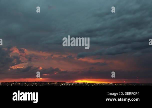 night thunderstorm over landscape aerial drone view, dramatic night ...