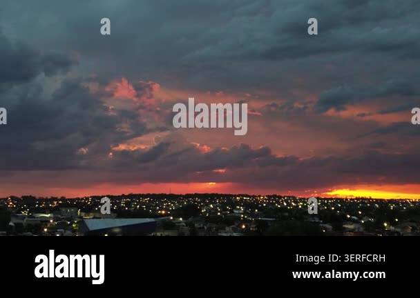 night thunderstorm over landscape aerial drone view, dramatic night ...