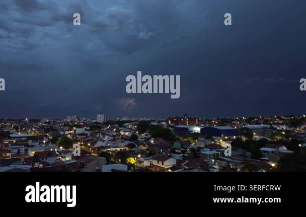 night thunderstorm over landscape aerial drone view, dramatic night ...