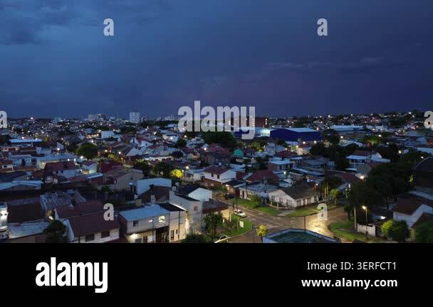 night thunderstorm over landscape aerial drone view, dramatic night ...