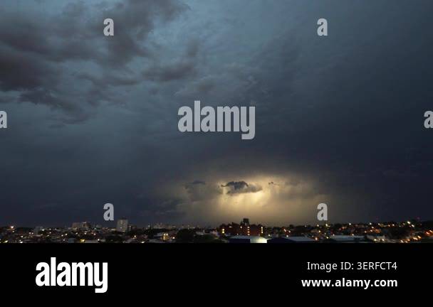 night thunderstorm over landscape aerial drone view, dramatic night ...