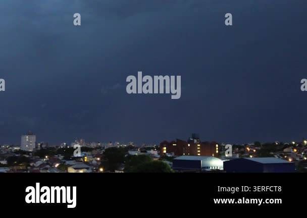 night thunderstorm over landscape aerial drone view, dramatic night ...