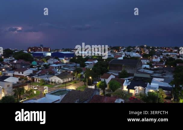 night thunderstorm over landscape aerial drone view, dramatic night ...