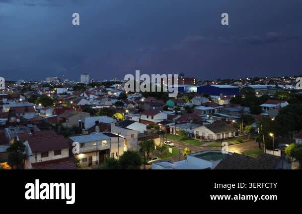 night thunderstorm over landscape aerial drone view, dramatic night ...