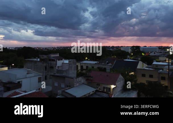 night thunderstorm over landscape aerial drone view, dramatic night ...