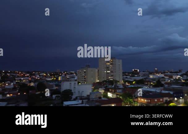 night thunderstorm over landscape aerial drone view, dramatic night ...
